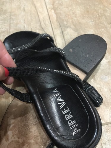 Wm’s Vintage PREVATA BLACK LEATHER SANDAL SLIDES 3 STRAPS METALLIC ...