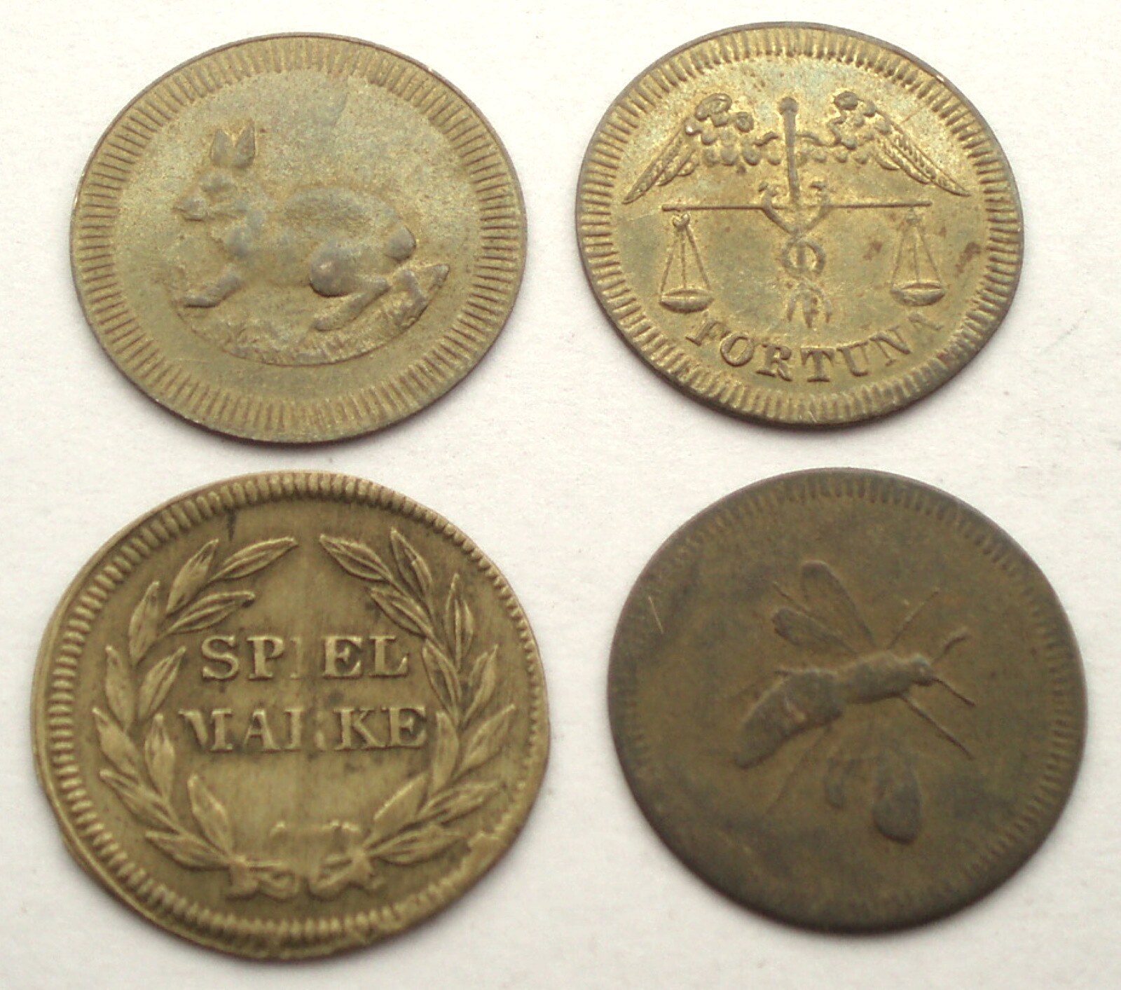 GERMANY 4 Different Spiel Marke ca1850 Gaming Tokens ca16mm Brass ...