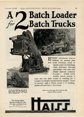 1927 George Haiss Mfg. Co. Ad: Haiss Sand Loader and 2 Batch Super ...