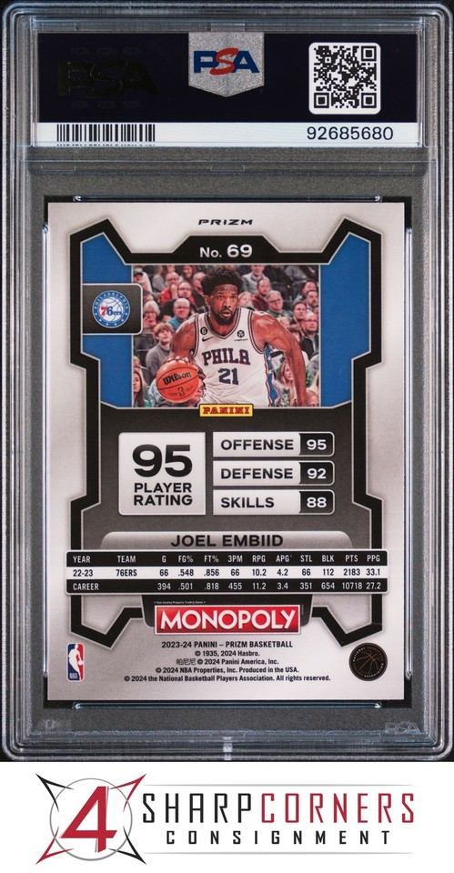 2023 PANINI PRIZM MONOPOLY PURPLE #69 JOEL EMBIID POP 3 PSA 10 K4042274 ...