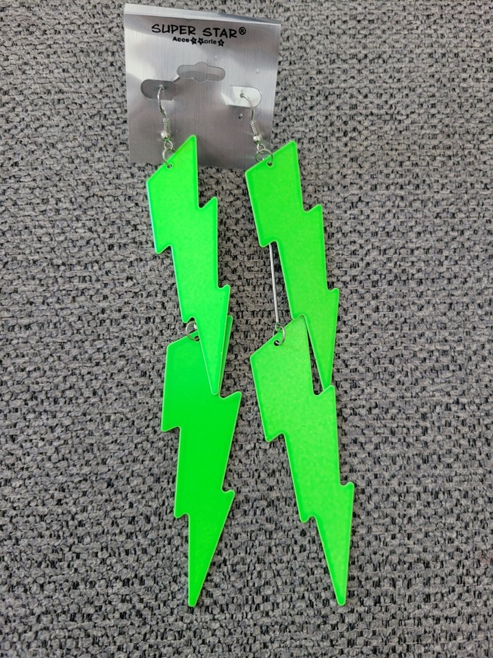 Large Lightning Bolt Earrings Green/Yellow 80s Costume Bright Lightning ...