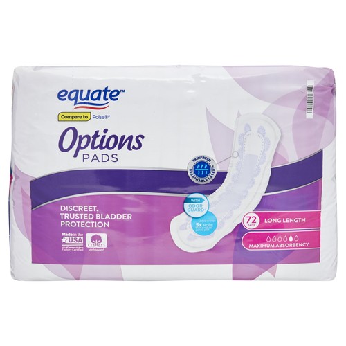 Equate Options Pads Incontinence Pads for Women, Maximum, Long, 144 ...