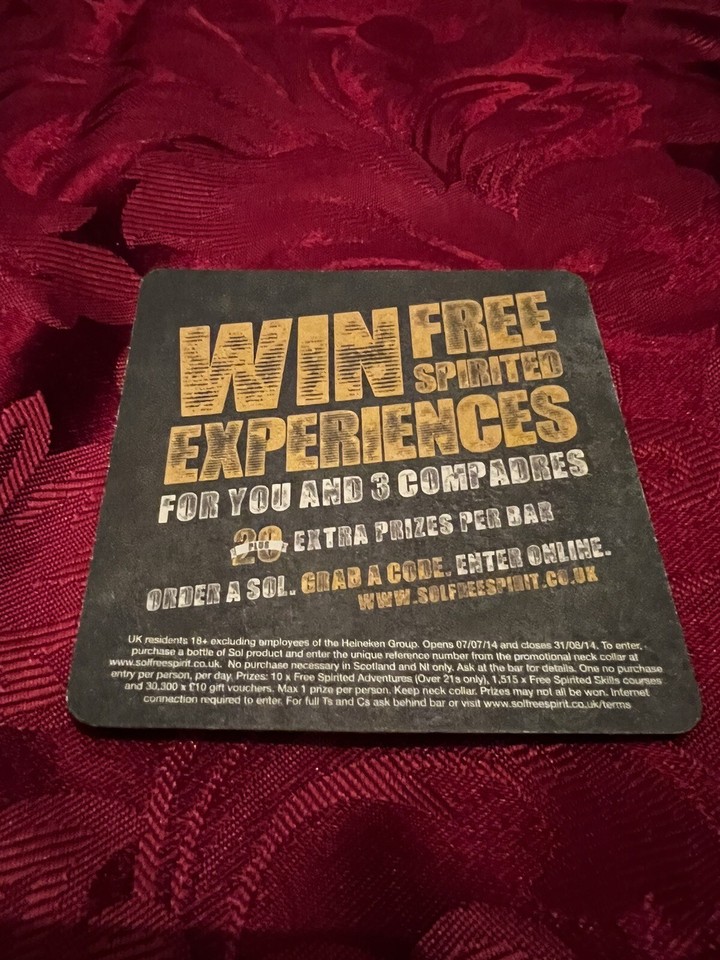 BREWERIANA - SOL - WIN FREE SPIRITED EXPERIENCES - BEER MAT - TRAY 63 ...