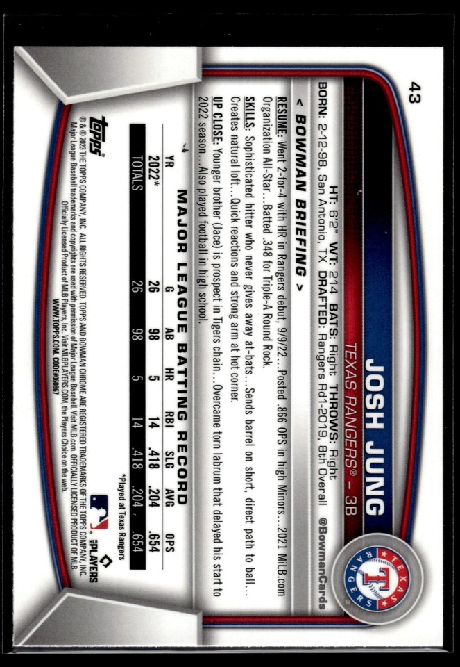 Josh Jung 2023 Bowman Chrome Mega Box Mojo Card #43 | eBay