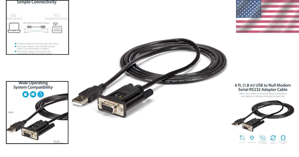 FTDI 6ft USB to RS232 Adapter - Null Modem Cable for Seamless Device ...