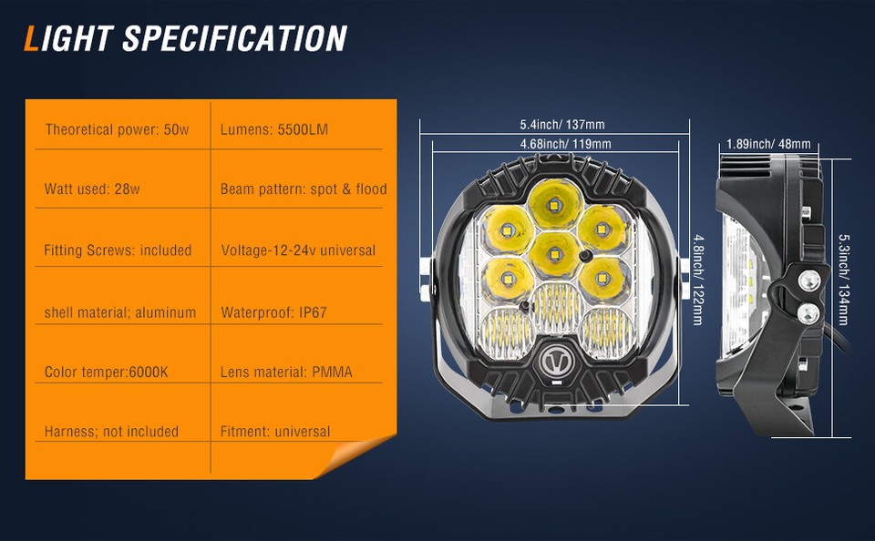 2pcs 5" LED Work Light Bar Amber Pods DRL Round Offroad Driving Truck ...