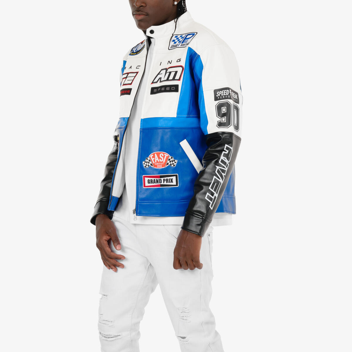 COPPER RIVET WHITE / BLUE MOTO RACING PU LEATHER JACKET | eBay