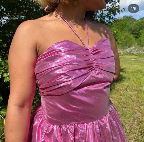 Vintage Pink Lamè Halter Neck Prom Formal Dress Size … - Gem