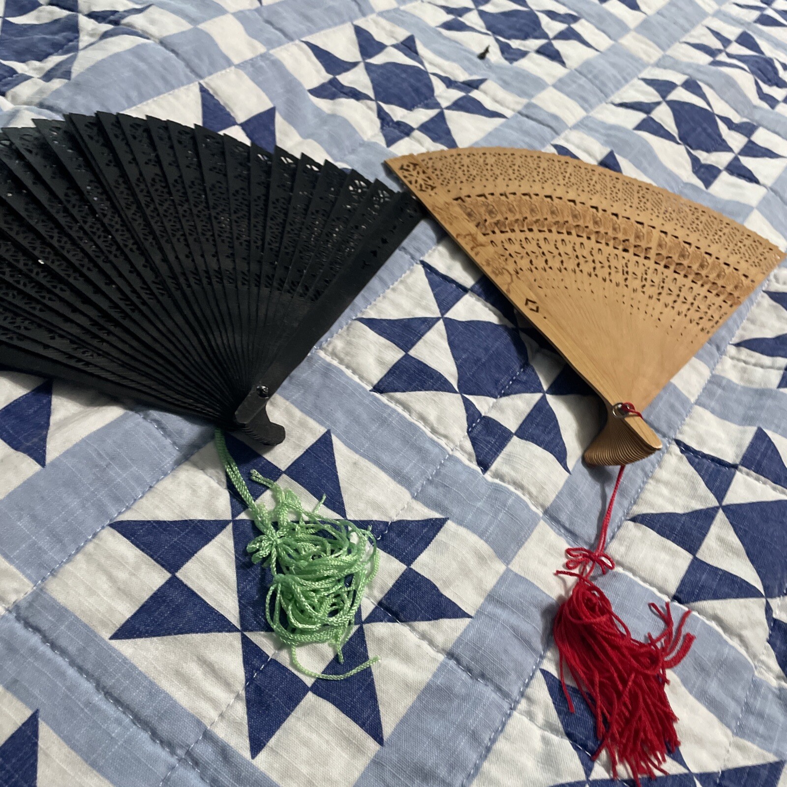 2 Vintage Hand Fans One Wood One Plastic Fan Japan W… - Gem