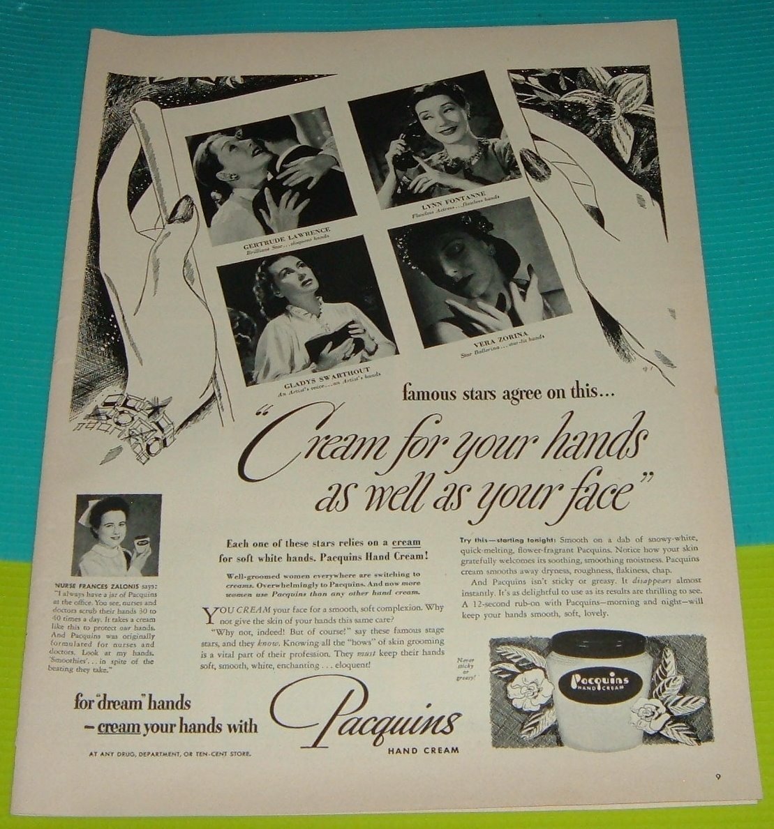 1949 PRINT AD~PACQUINS HAND CREAM VERA ZORINA GERTRUDE LAWRENCE LYNN ...