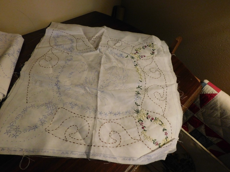 Cat Hand Embroidered Quilt Blocks Fairway Needlecraft 3 Completed | eBay