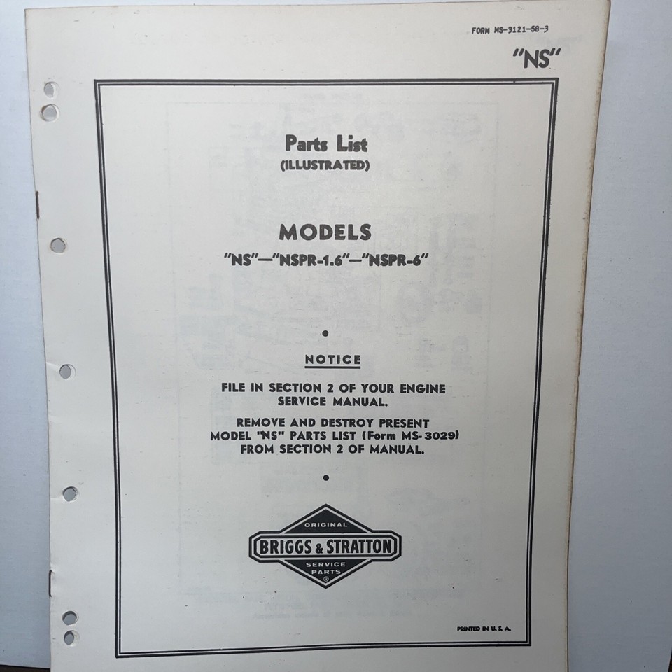 Vintage Briggs Stratton Illustrated Parts List Models NS To NSPR6 | eBay