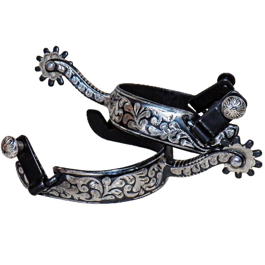 Engraved Floral Black Steel Offset Spurs with German Silver Trim 10 ...