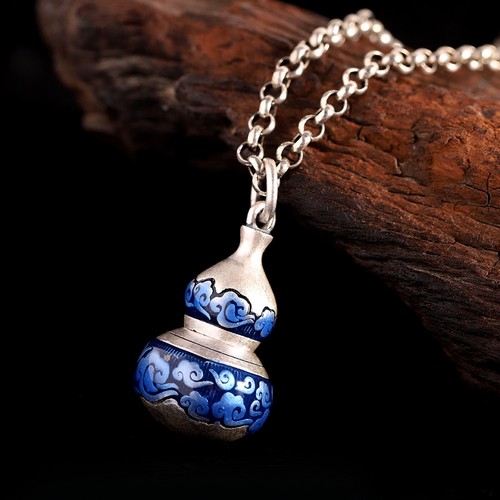 1PC S925 Sterling Silver Men Women Lucky Blue Enamel Gourd Box Pendant ...