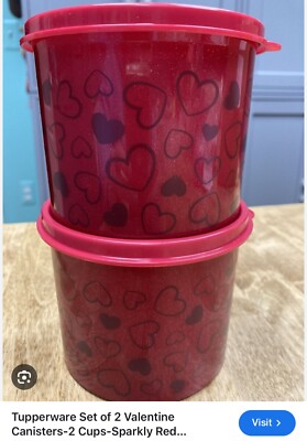 Tupperware Set of 2 Valentine Canisters-2 Cups-Sparkly Red w/Printed ...