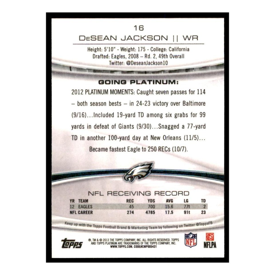 2013 Topps Platinum #16 DeSean Jackson Philadelphia Eagles Football ...