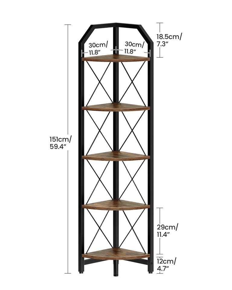 59.4" Corner Shelf, 5-Tier Industrial Corner Bookshelf, Corner Storage ...