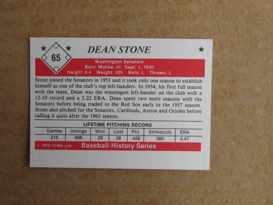 1979 TCMA THE 1950'S DEAN STONE #65 SIGNED AUTOGRAPH CARD WASHINGTON ...