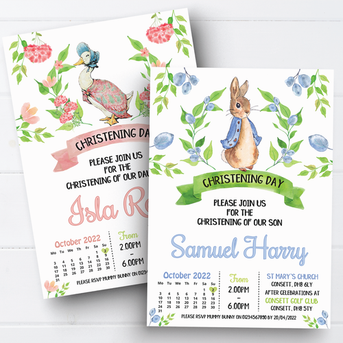 Personalised Peter Rabbit Christening Invitations Jemima Puddleduck ...