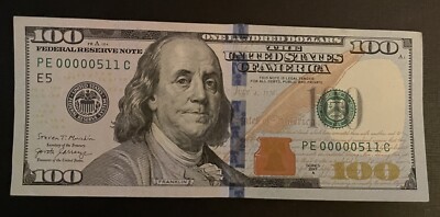 $100 One Hundred Dollar Bill Very Low Serial Number Five Leading Zeros ...