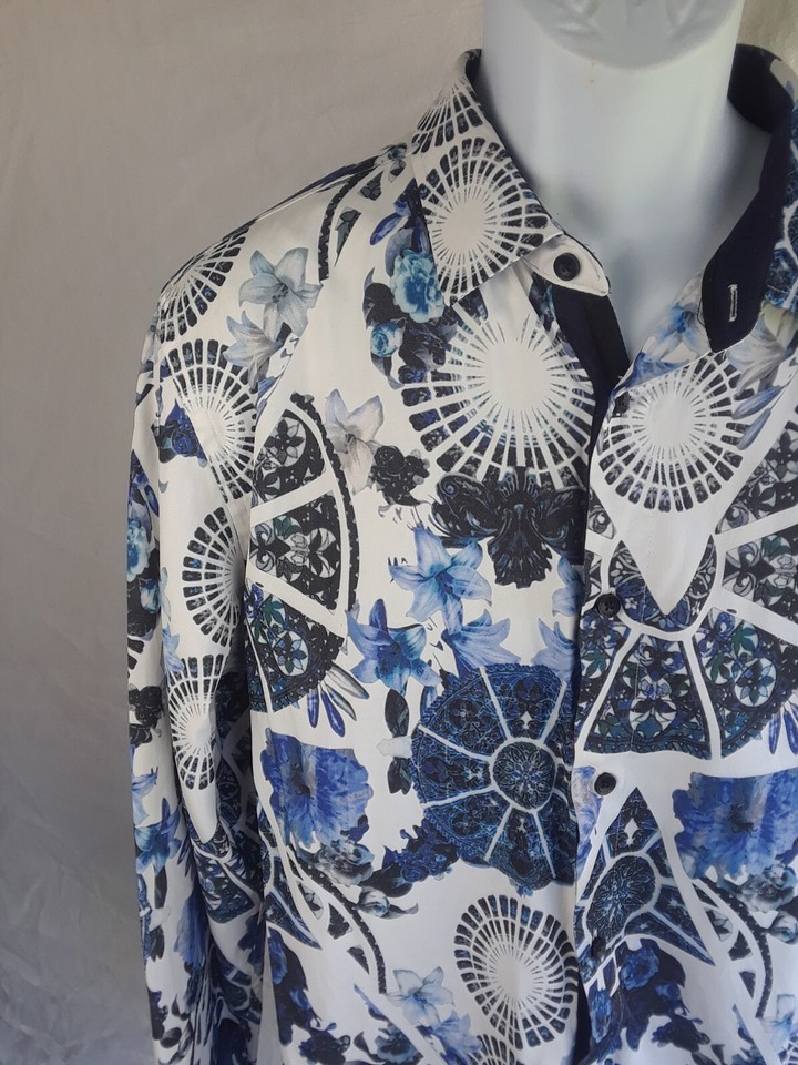PAVINI Floral Long Sleeve Button Down Shirt L Blue Space Time best ever ...