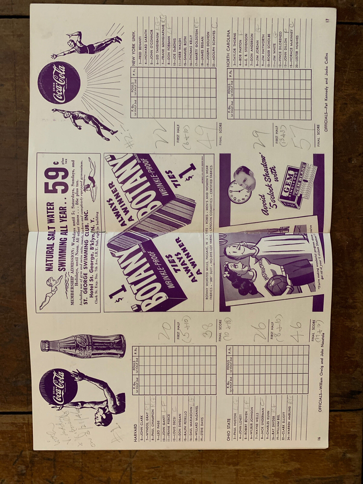 1946 NCAA EAST REGIONAL OHIO ST.-HARVARD & N.Y.U.-NO.CAR.Basketball ...