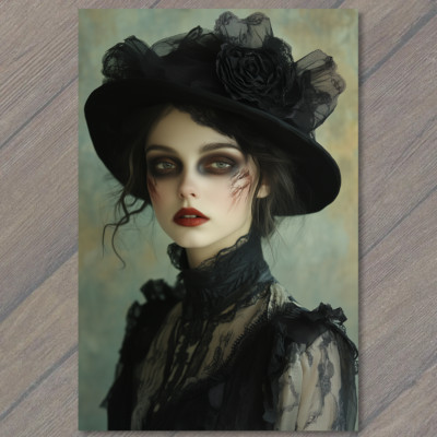 POSTCARD Eerie Gothic Beauty Mysterious Pale Face Eyes Gaze Lace ...