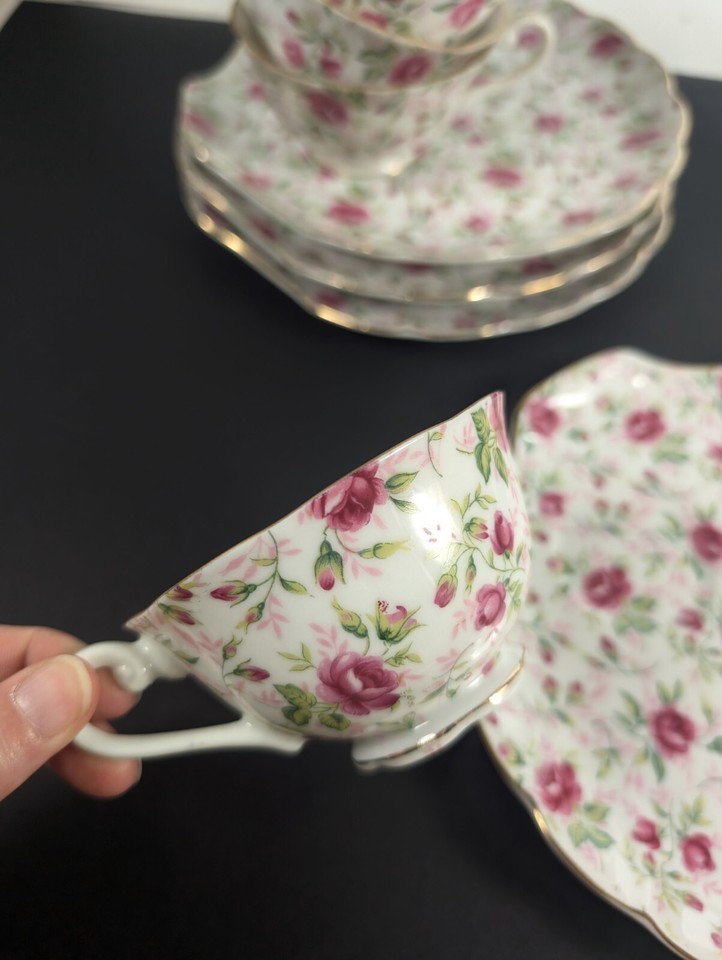 Vintage Lefton Chintz Snack Set Pink Roses 4 Teacup and Plates Shell ...