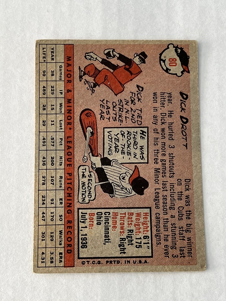 Vintage 1958 Topps Dick Drott Baseball Card #80 Chicago Cubs EX-MT | eBay