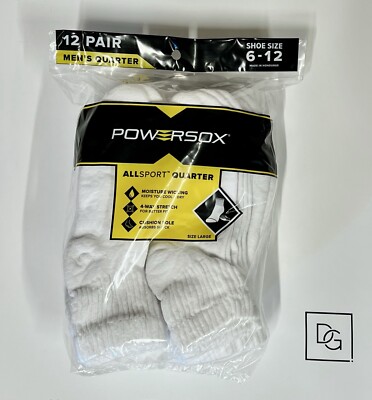 Powersox AllSport Moisture Wicking Men's Quarter Socks 12 Pair White ...