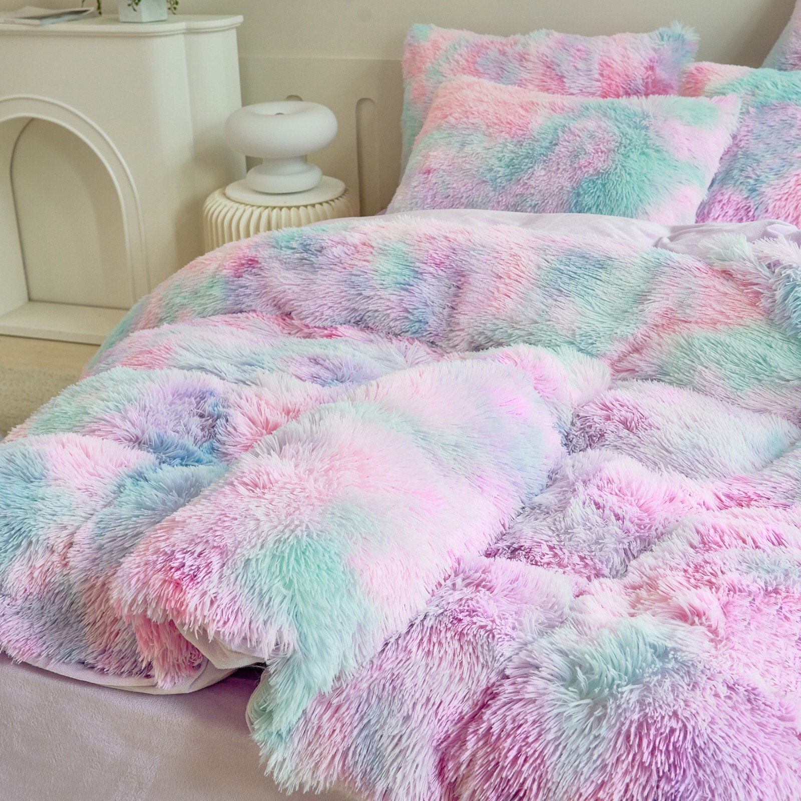 Soft Warm Pink Mink Long Shaggy Quilt Doona Duvet Cover Set Queen Size ...