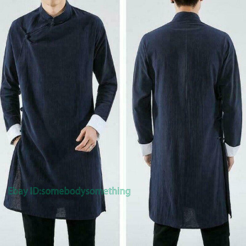 Mens Cotton Linen Chinese Retro Loose Long Gown Jackets Hanfu Tang Suit ...