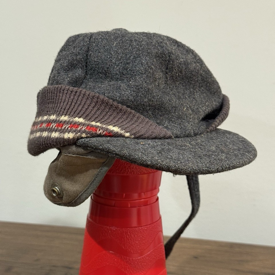 Vintage Wool Ear Flap Cap Gray Winter Hat Knit Band Chin Strap Lined | eBay