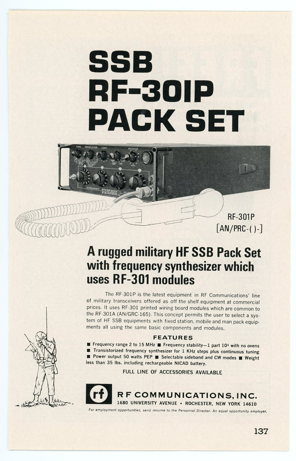 QST Ham Radio Mag. Ad "A rugged military HF SSB Pack Set Transceiver ...