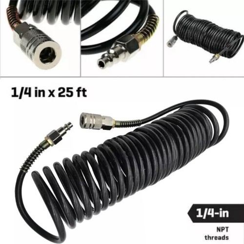 Air Compressor Recoil Hose Line Spring Ends Pneumatic Tube Tools 25FT 1 ...