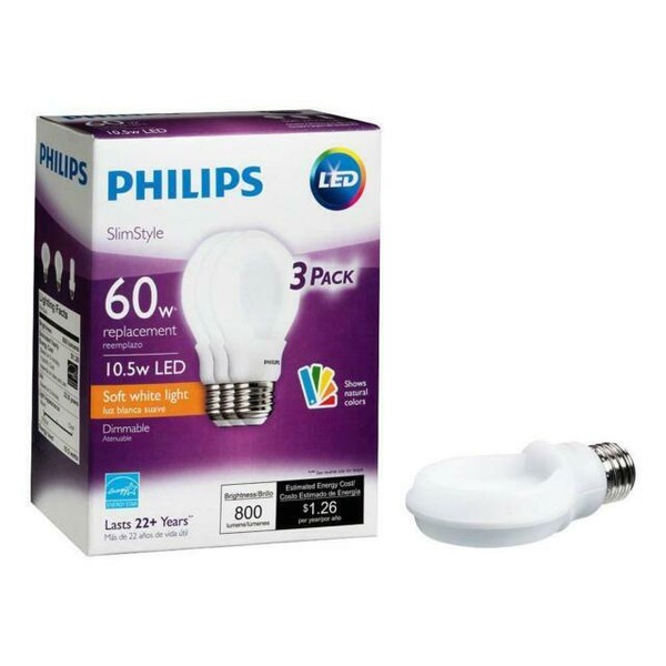 3 Philips Slimstyle A19 LED Light Bulbs 60w Soft White Dimmable E26 for ...