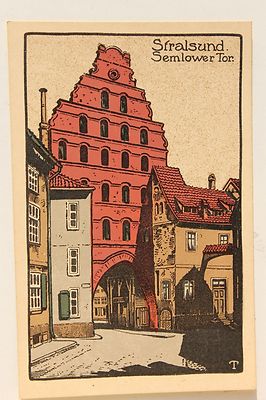 26553 Steindruck Künstler Stein Zeichnung AK Stralsund Semlower Tor um ...