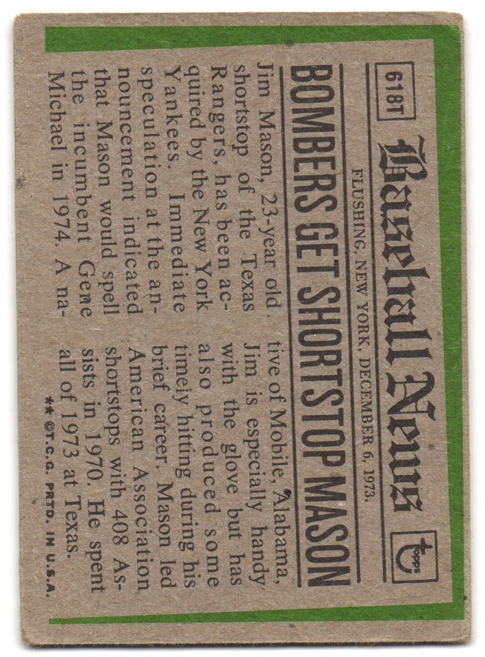 Jim Mason 1974 Topps ML Baseball Card # 618T NY Yankees Set Filler | eBay