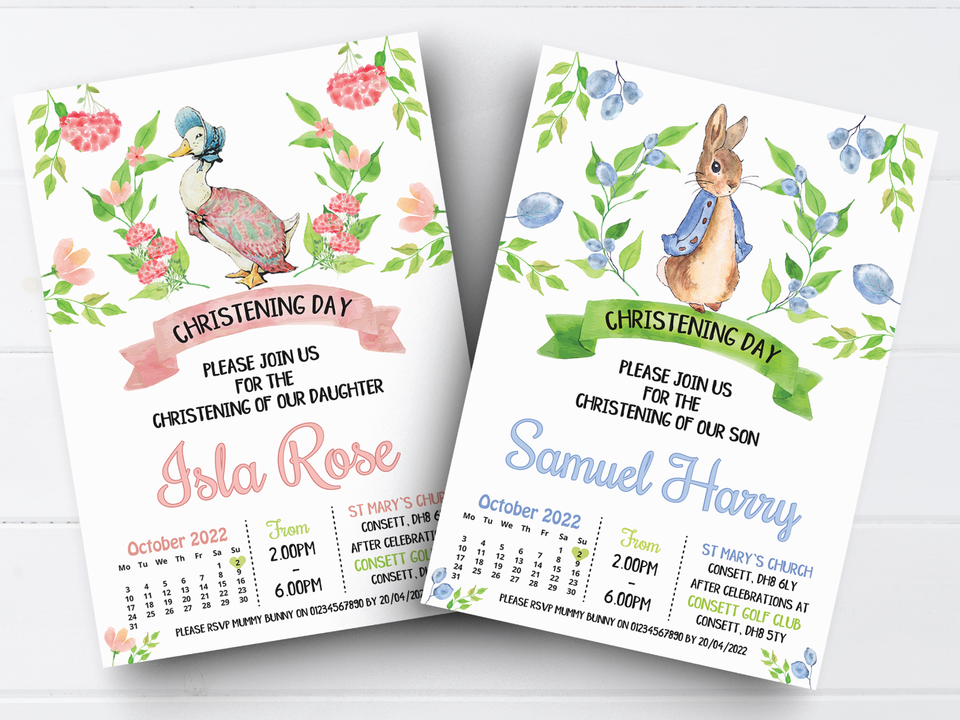 Personalised Peter Rabbit Christening Invitations Jemima Puddleduck ...