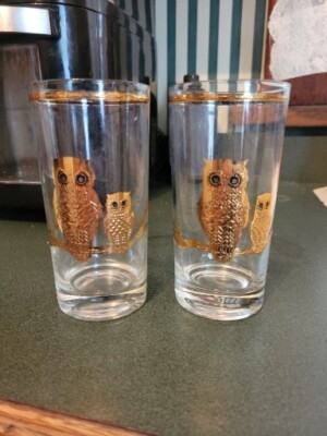 Mid Century Modern Gold Owl Embossed Glasses Lot Of 2 | eBay