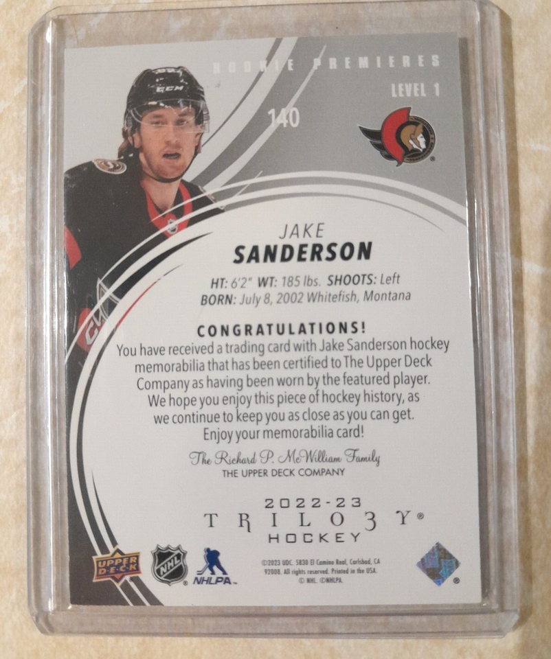 Jake Sanderson 2022-23 UD Trilogy Rookie Premieres Jersey RC Card 090/ ...
