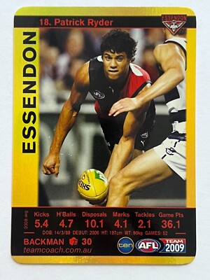 2009 Teamcoach Gold card - Patrick Ryder no.18 Essendon | eBay Australia