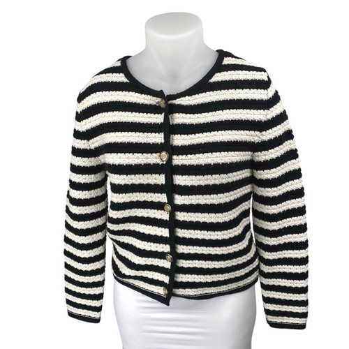 MNG Mango White Black Striped Long Sleeve Knit Button Up Cardigan ...