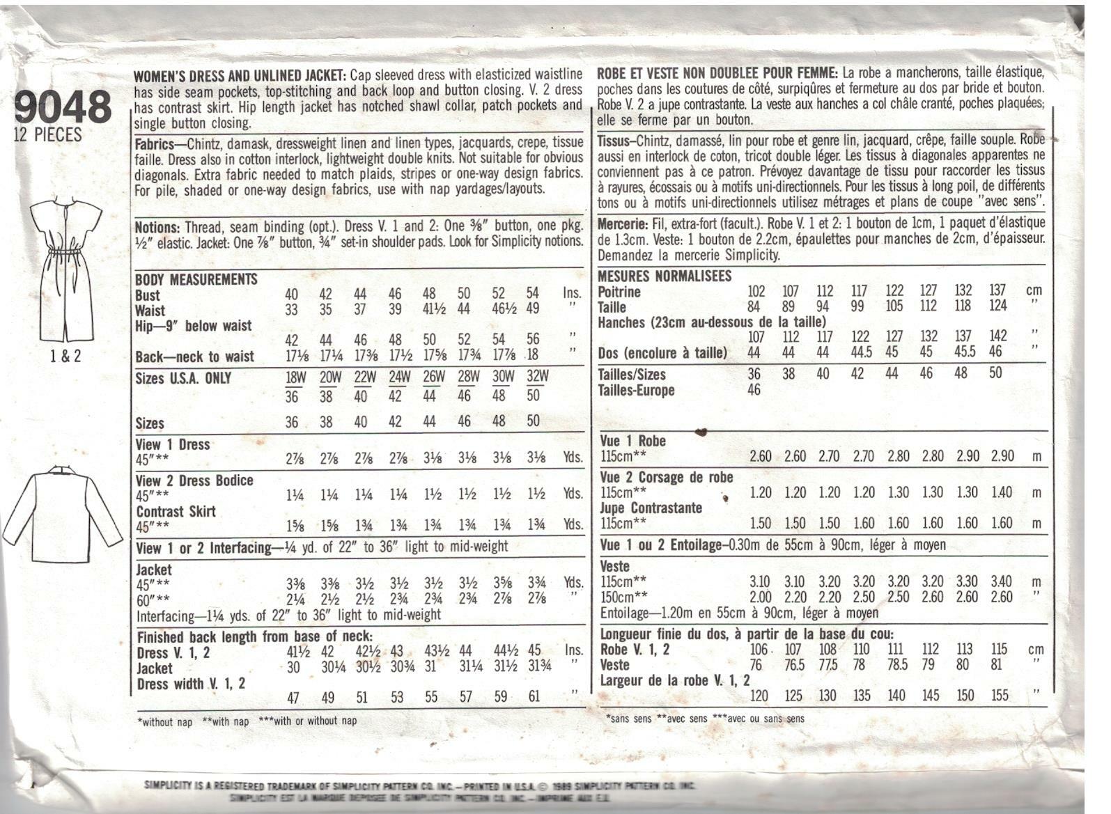 9048 Vintage Simplicity SEWING Pattern Misses Plus Size Dress Unlined ...