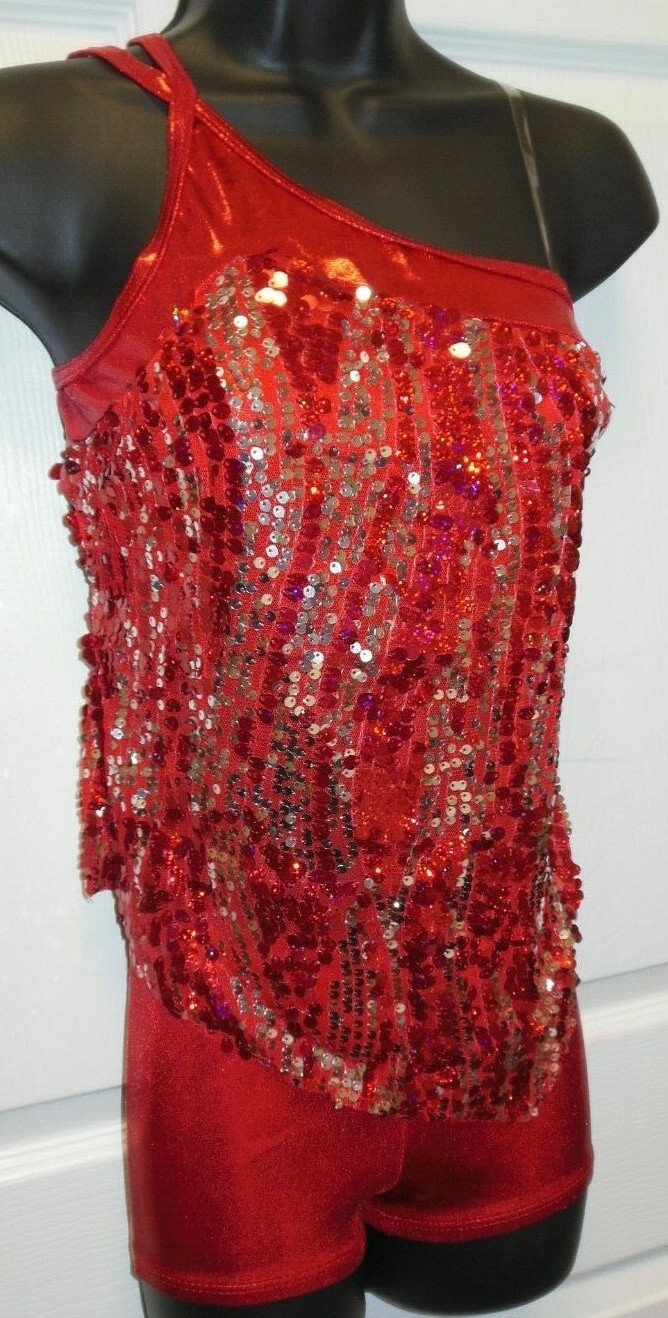 Red Silver Sequin Dance Costume Jazz Sheer top w/ oil booty shorts med ...