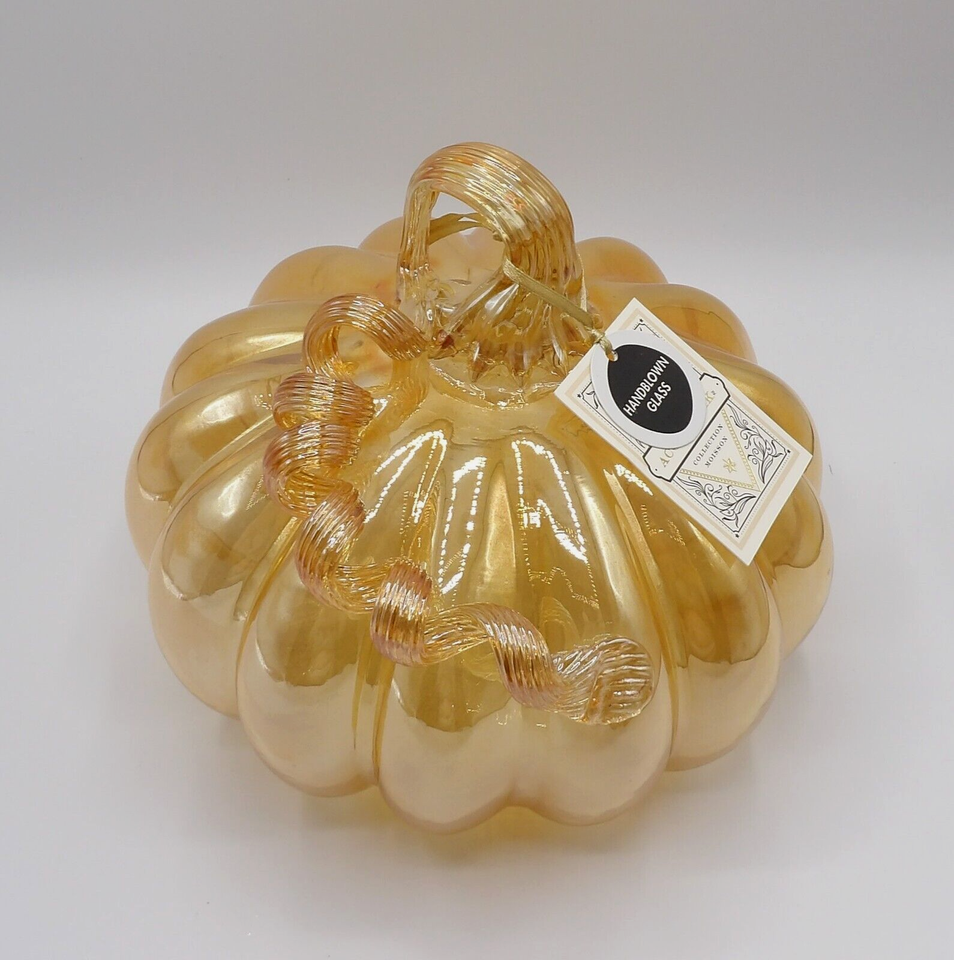 ACORN & OAK IRRIDESCENT PALE ORANGE GLASS PUMPKIN SCULPTURE HARVEST ...