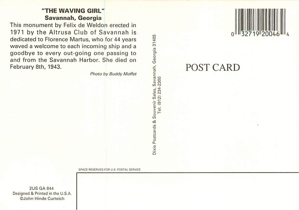 Postcard The Waving Girl Statue, Savannah, Georgia - #4 - Riverboat | eBay