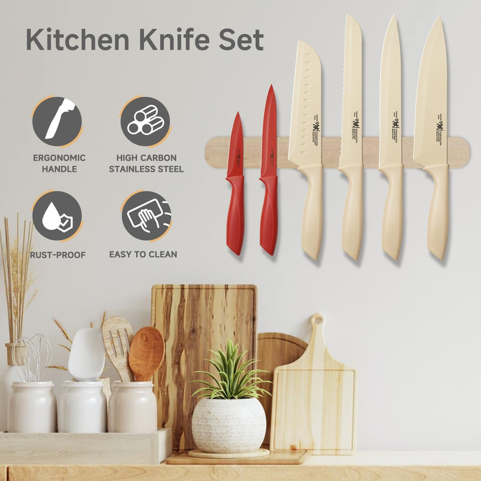 12PC Kitchen Knife Set with Covers Colorful Sharp Cooking Knives Beige ...