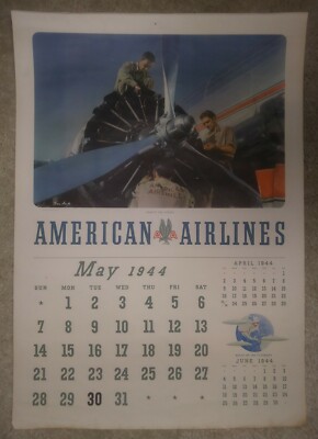 1944 American Airlines 17" x 24" May Calendar WW2 WWII Era Travel ...