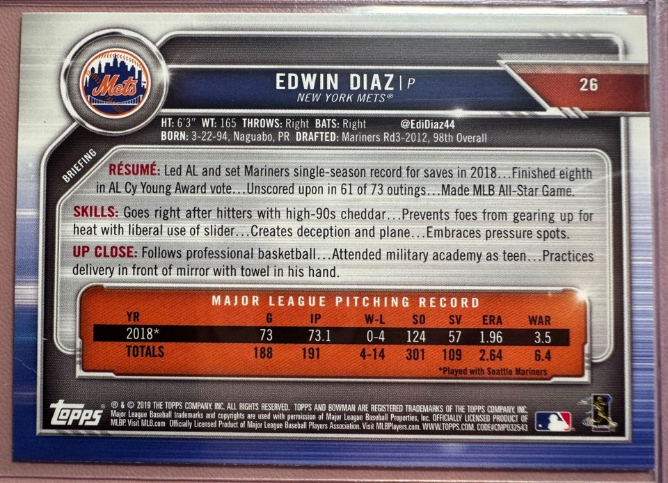 2019 Bowman Edwin Diaz Baseball Cards #26 MLB Baseball | eBay